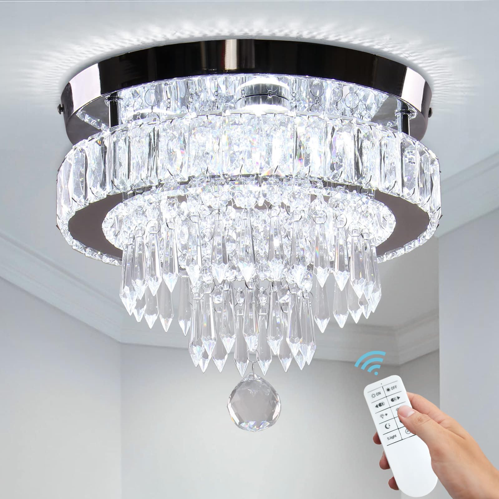 Dimmable Crystal Chandeliers 11.8" LED Flush Mount Modern Ceiling Light Fixtures for Bedroom Dining Room Hallway (2700K/4000K/6500K)