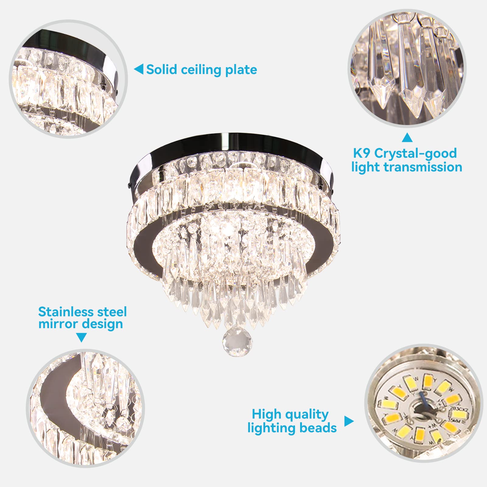 Dimmable Crystal Chandeliers 11.8" LED Flush Mount Modern Ceiling Light Fixtures for Bedroom Dining Room Hallway (2700K/4000K/6500K)