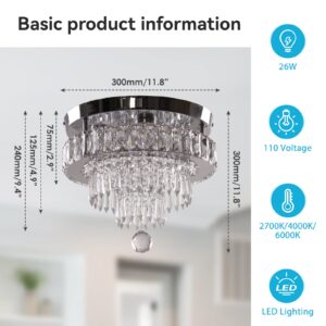 Dimmable Crystal Chandeliers 11.8" LED Flush Mount Modern Ceiling Light Fixtures for Bedroom Dining Room Hallway (2700K/4000K/6500K)