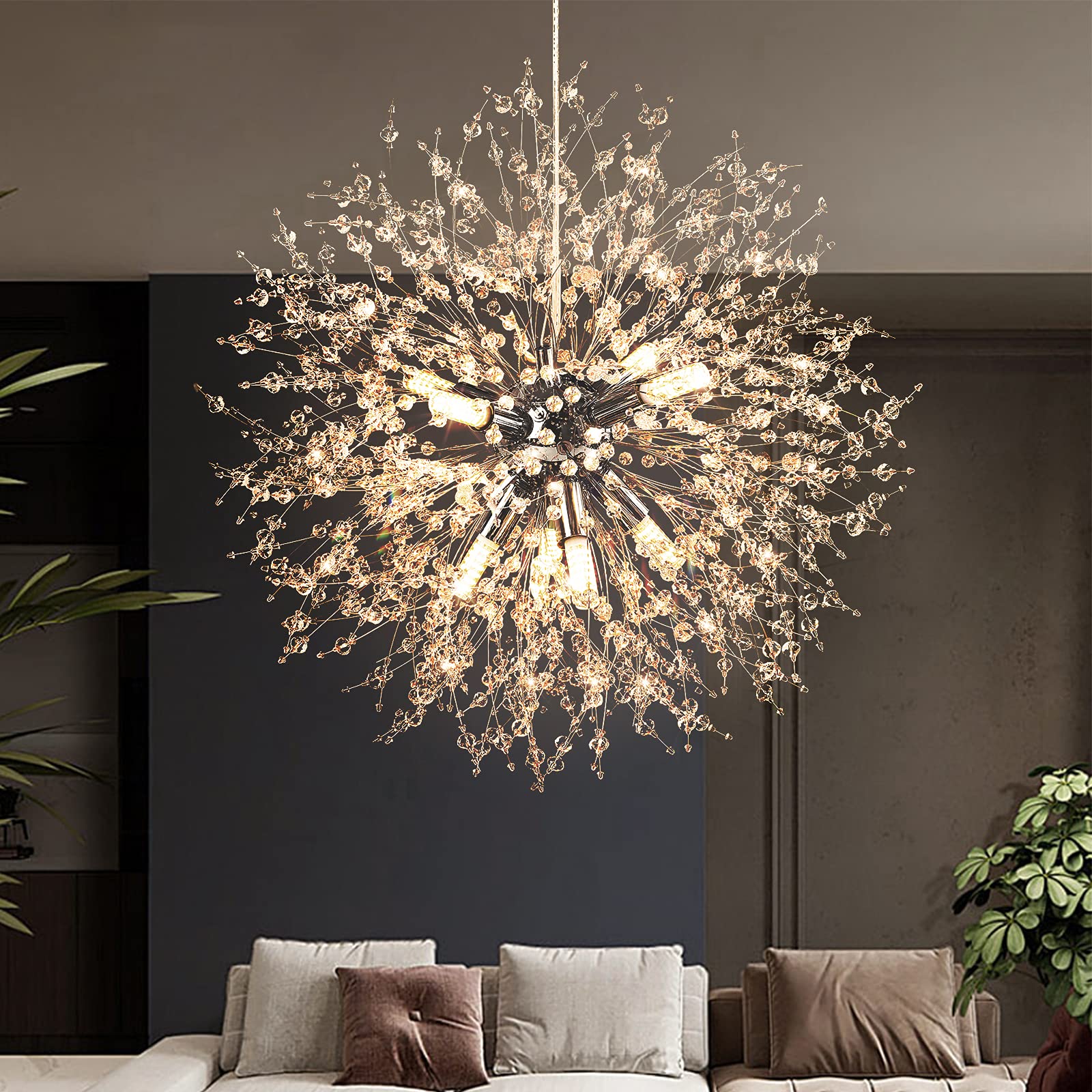 VerRon Modern Crystal Chandeliers Firework, Semi Flush Mount Ceiling Light Fixture, 8-Light Chrome Dandelion Chandelier, Pendant Light for Hallway, G9 Socket