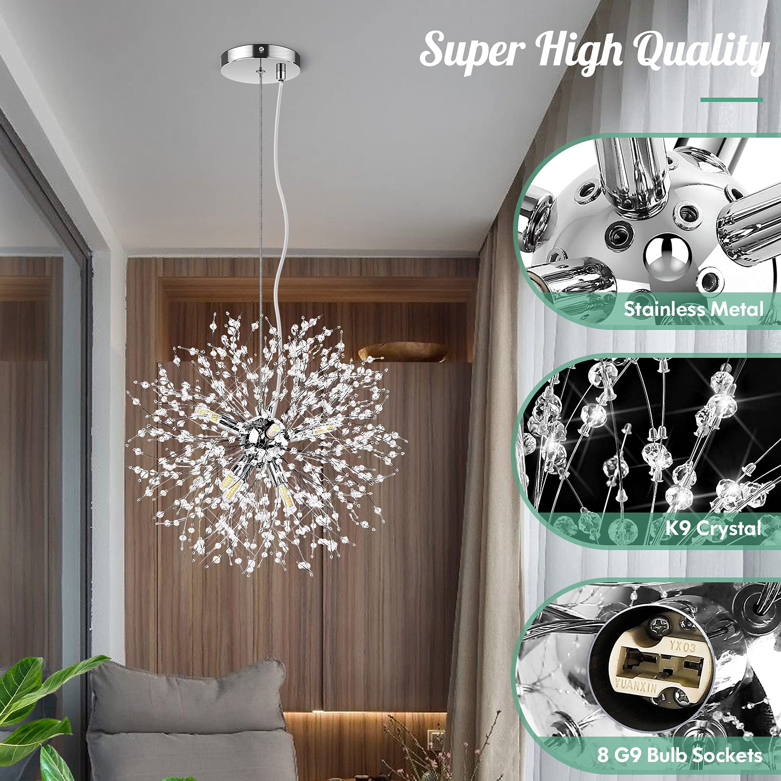 VerRon Modern Crystal Chandeliers Firework, Semi Flush Mount Ceiling Light Fixture, 8-Light Chrome Dandelion Chandelier, Pendant Light for Hallway, G9 Socket