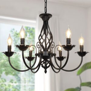 6-light farmhouse candle chandelier for living room, rustic industrial pendant ceiling light fixture, vintage hanging lamp for bedroom hallway kitchen dining room foyer, matte black e12 socket