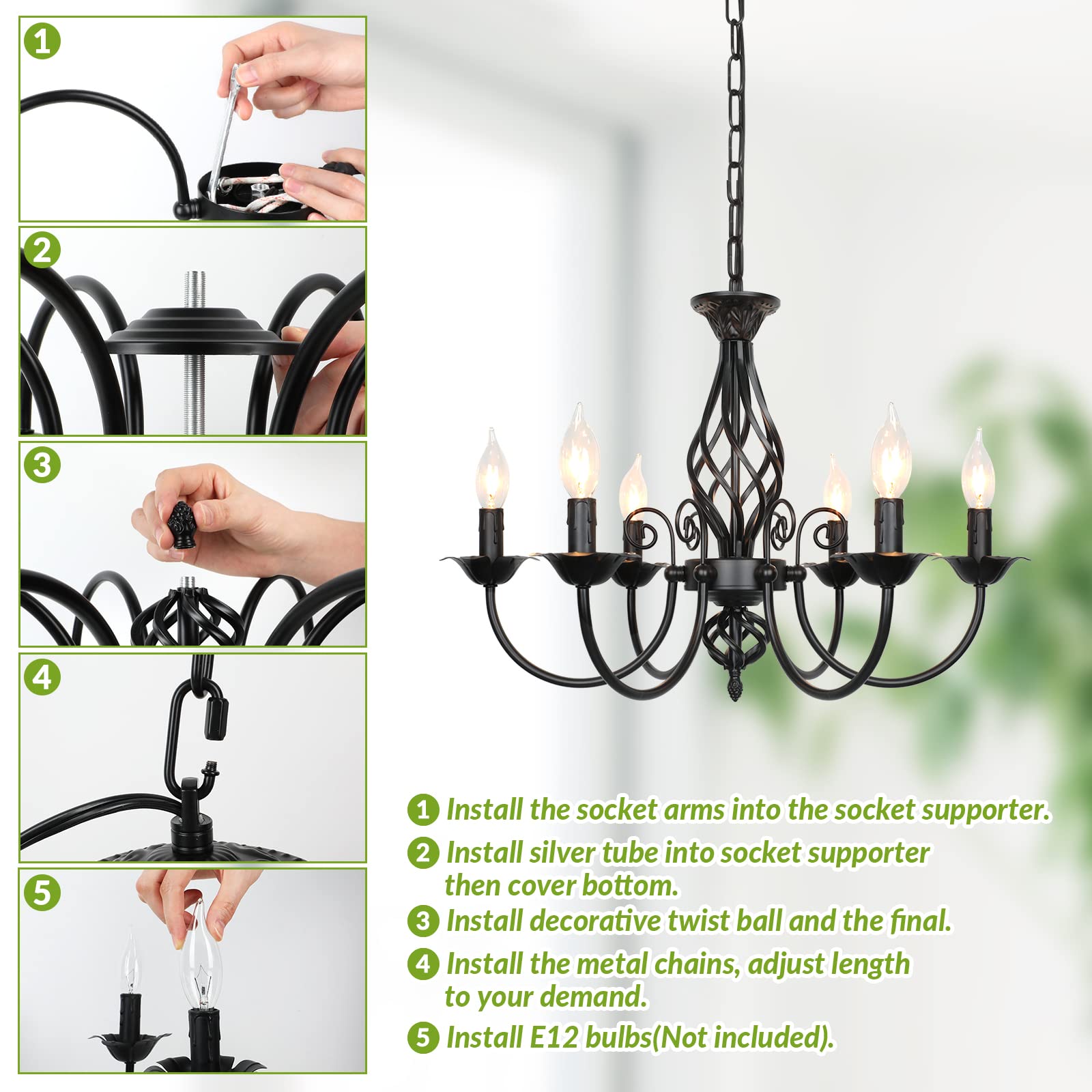 6-Light Farmhouse Candle Chandelier for Living Room, Rustic Industrial Pendant Ceiling Light fixture, Vintage Hanging Lamp for Bedroom Hallway Kitchen Dining Room Foyer, Matte Black E12 Socket