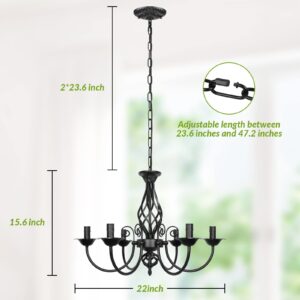 6-Light Farmhouse Candle Chandelier for Living Room, Rustic Industrial Pendant Ceiling Light fixture, Vintage Hanging Lamp for Bedroom Hallway Kitchen Dining Room Foyer, Matte Black E12 Socket