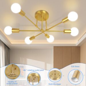 CANMEIJIA Modern Sputnik Chandelier, Ceiling Light Fixture Flush Mount 6-Lights Gold Chandeliers for Living Room Bedroom Dining Room Kitchen, Mid Century Chandeliers, E26 Base, Bulbs Not Included