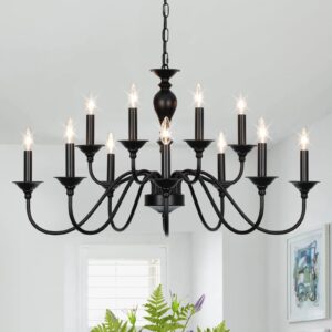 lightdamy black farmhouse chandeliers for dining room light fixtures over table, 12 light industrial candle hanging light fixture for living room kitchen island foyer staircase