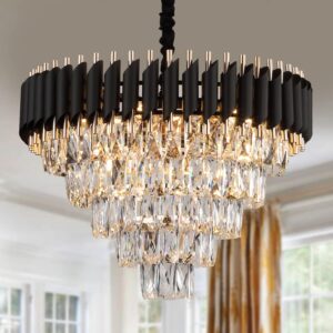 axilixi crystal chandelier contemporary, 24" modern living room chandelier, k9 crystal ceiling lights fixtures, round 5 tiers pendant lighting chandelier black for entryway dining room staircase