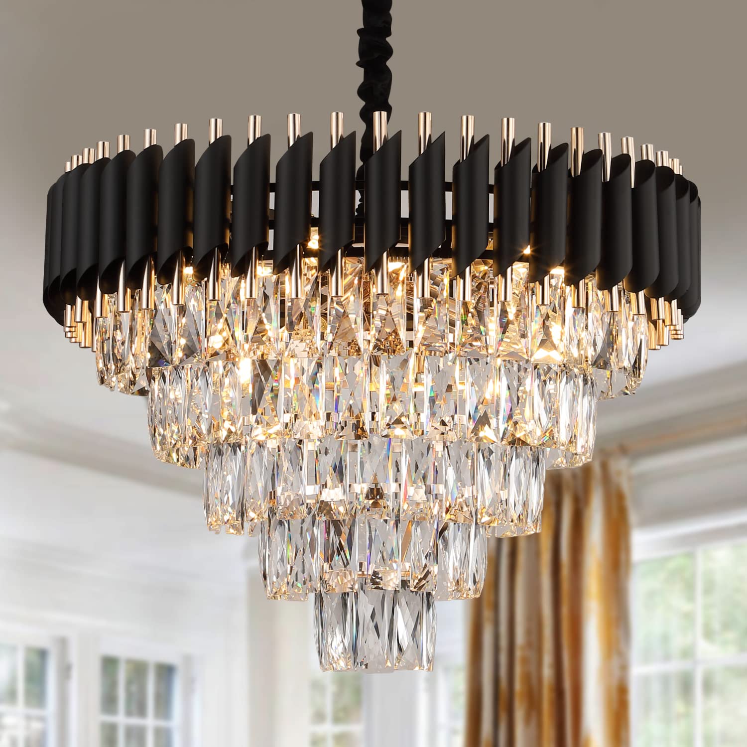 AXILIXI Crystal Chandelier Contemporary, 24" Modern Living Room Chandelier, K9 Crystal Ceiling Lights Fixtures, Round 5 Tiers Pendant Lighting Chandelier Black for Entryway Dining Room Staircase