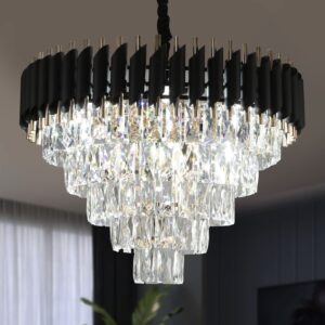 AXILIXI Crystal Chandelier Contemporary, 24" Modern Living Room Chandelier, K9 Crystal Ceiling Lights Fixtures, Round 5 Tiers Pendant Lighting Chandelier Black for Entryway Dining Room Staircase