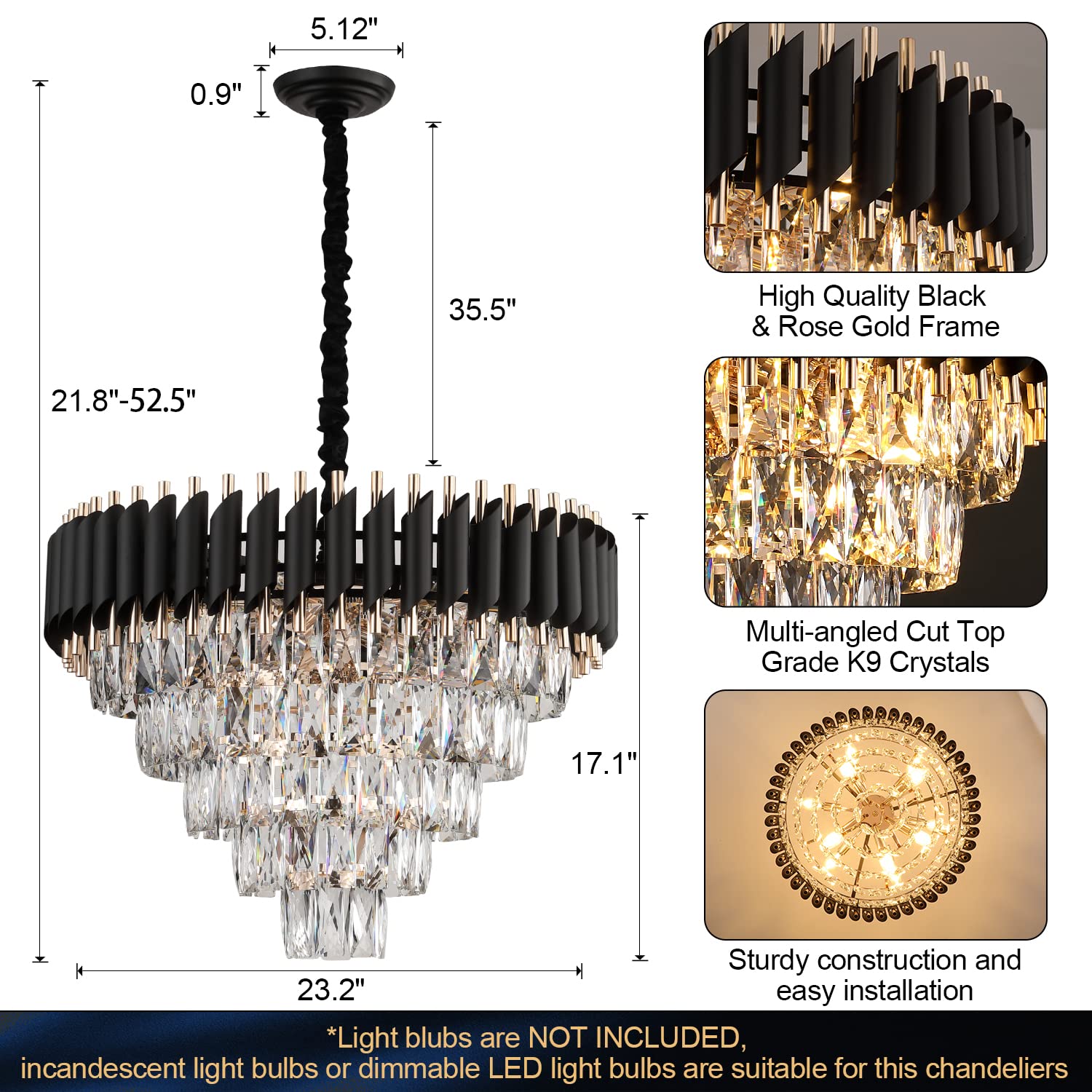 AXILIXI Crystal Chandelier Contemporary, 24" Modern Living Room Chandelier, K9 Crystal Ceiling Lights Fixtures, Round 5 Tiers Pendant Lighting Chandelier Black for Entryway Dining Room Staircase