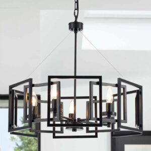 mhytogn industrial style chandelier, with matt black finish geometric shade pendant lighting fixture for dining room living room kitchen island bedroom 5-light