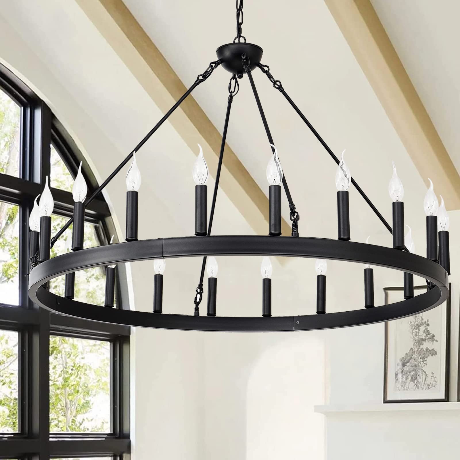 JKLX 40 Inch Black Wagon Wheel Chandelier, 20-Lights Farmhouse Industrial Country Style Round Pendant Light Fixture for Dining Room Kitchen Island Foyer Entryway