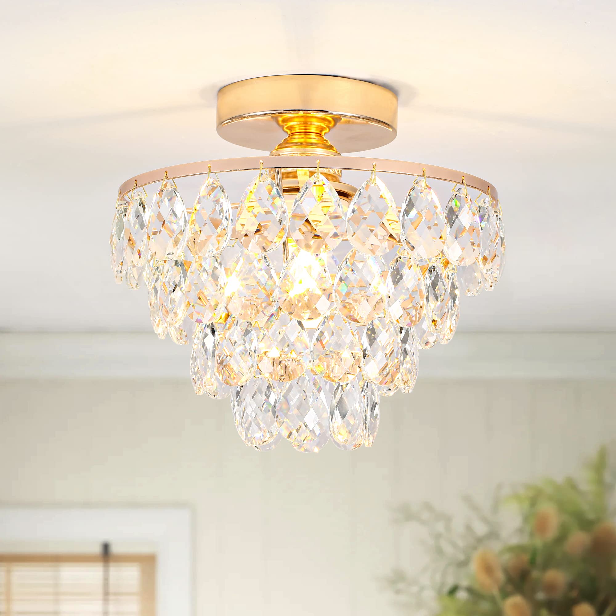 Luupyia Gold Crystal Chandelier Small Modern Chandelier, Mini Ceiling Light Flush Mount Crystal Chandelier Hallway Light Fixtures Ceiling Crystal Light for Hallway Bedroom Hall Living Room