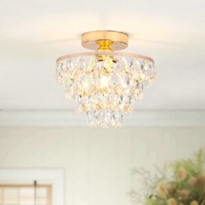 Luupyia Gold Crystal Chandelier Small Modern Chandelier, Mini Ceiling Light Flush Mount Crystal Chandelier Hallway Light Fixtures Ceiling Crystal Light for Hallway Bedroom Hall Living Room