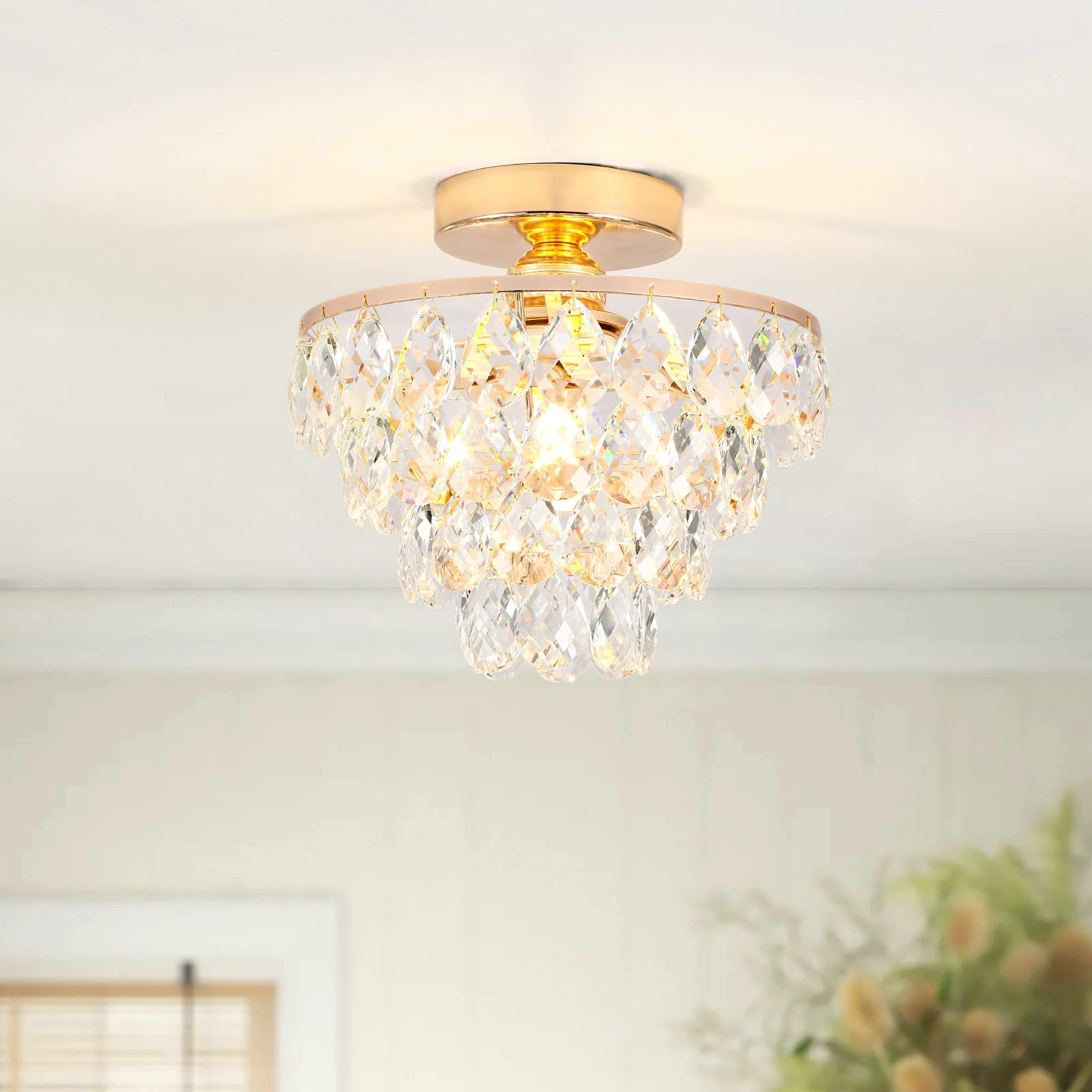 Luupyia Gold Crystal Chandelier Small Modern Chandelier, Mini Ceiling Light Flush Mount Crystal Chandelier Hallway Light Fixtures Ceiling Crystal Light for Hallway Bedroom Hall Living Room