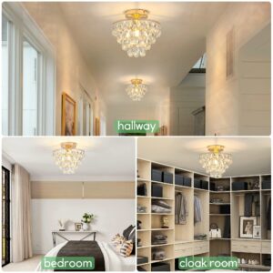 Luupyia Gold Crystal Chandelier Small Modern Chandelier, Mini Ceiling Light Flush Mount Crystal Chandelier Hallway Light Fixtures Ceiling Crystal Light for Hallway Bedroom Hall Living Room