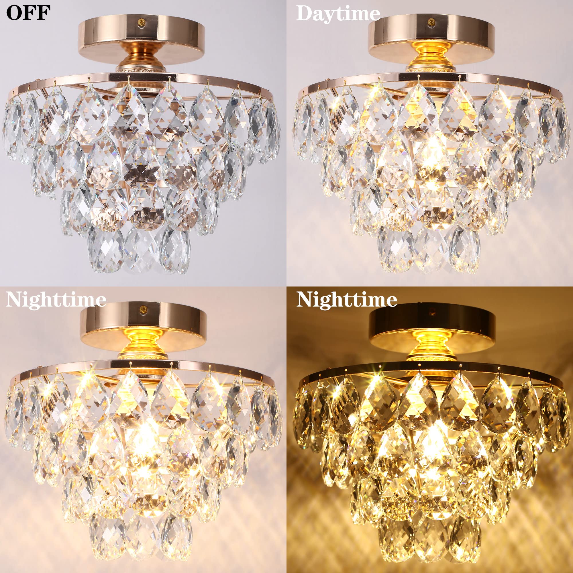 Luupyia Gold Crystal Chandelier Small Modern Chandelier, Mini Ceiling Light Flush Mount Crystal Chandelier Hallway Light Fixtures Ceiling Crystal Light for Hallway Bedroom Hall Living Room