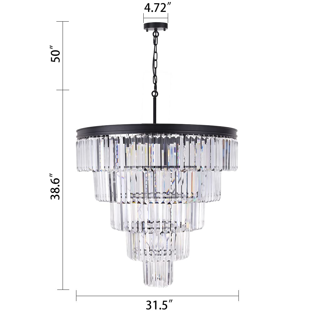 TOCHIC 10 Light Large Crystal Chandelier 31.5 inch, 5-Tier Contemporary Modern Black Crystal Chandeliers, Raindrop K9 Round Ceiling Light for Bathroom,Staircase, Entryway, Dining Room, Foyer, Kitchen