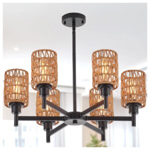 widluth black chandelier light fixture vintage 6-lights black chandelier with rattan shade industrial boho 24.8" hand woven bamboo chandelier for dining room, kitchen island, bedroom