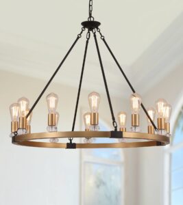 meixisue modern farmhouse wagon wheel chandeliers for dining room,aged brass luxury large high ceiling chandelier for living room kitchen entryway restaurant office,w35.4 ul listed