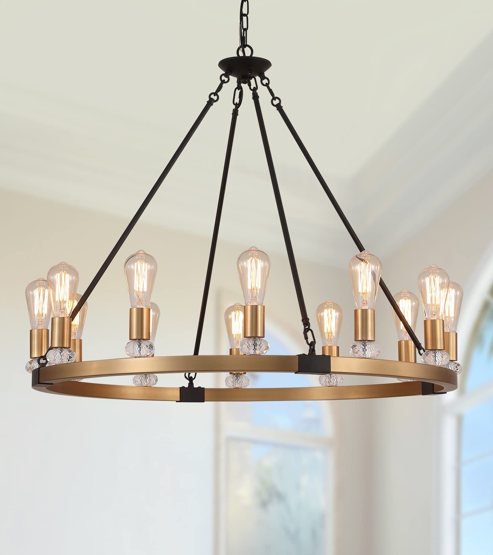 MEIXISUE Modern Farmhouse Wagon Wheel Chandeliers for Dining Room,Aged Brass Luxury Large High Ceiling Chandelier for Living room Kitchen Entryway Restaurant Office,W35.4 UL Listed