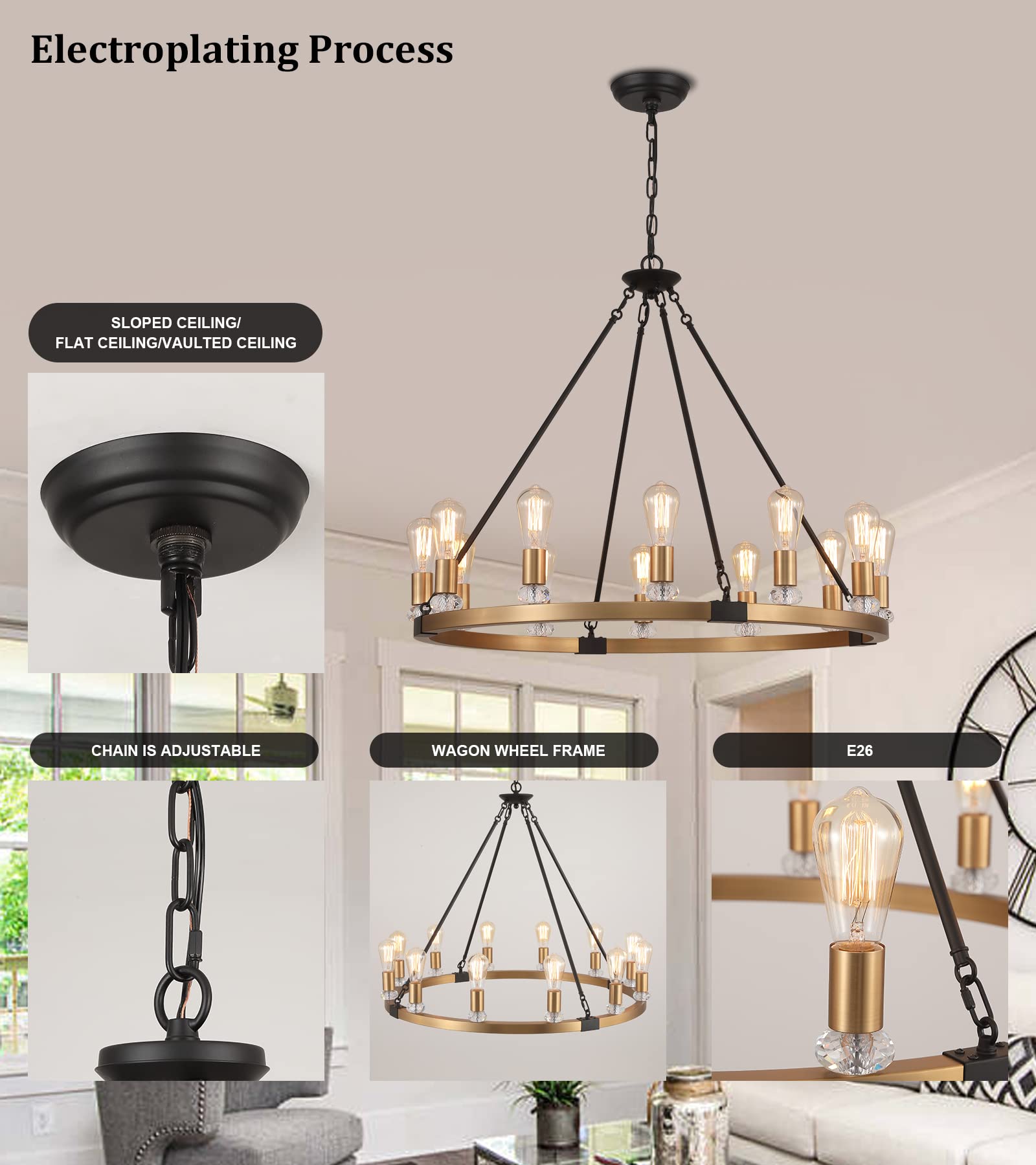 MEIXISUE Modern Farmhouse Wagon Wheel Chandeliers for Dining Room,Aged Brass Luxury Large High Ceiling Chandelier for Living room Kitchen Entryway Restaurant Office,W35.4 UL Listed