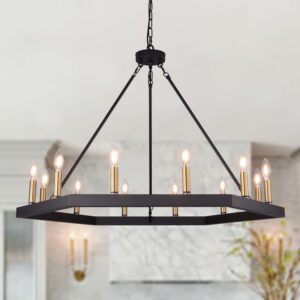 wellmet 12 light large chandeliers for high ceilings, modern farmhouse chandelier 40" diameter, black and gold wagon wheel light fixture for foyer, dining room, living room, hexagon shape