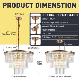 brfaixla 12 Lights Gold Modern Crystal Chandelier 23.64" Crystal Pendant Chandeliers Light Fixture 3-Tier Crystal Hanging Lighting for Living Dinning Room Bedroom Foyer