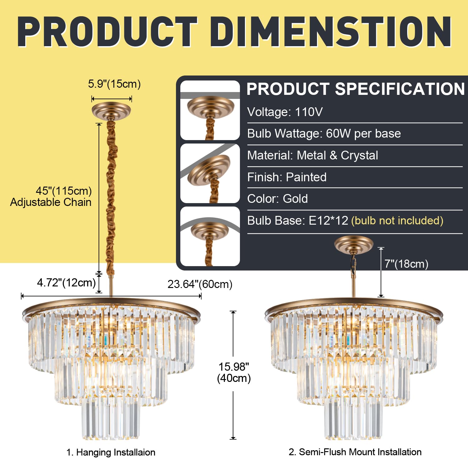 brfaixla 12 Lights Gold Modern Crystal Chandelier 23.64" Crystal Pendant Chandeliers Light Fixture 3-Tier Crystal Hanging Lighting for Living Dinning Room Bedroom Foyer