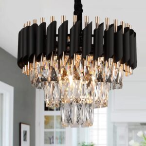 a axilixi modern crystal chandeliers 3 tiers black and gold pendant light fixtures 16” round flush mount chandeliers ceiling lighting dimmable for living room dining room foyer bedroom kitchen