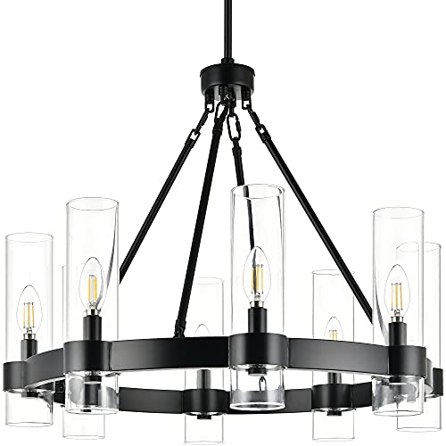 Linea di Liara Teramo Matte Black Chandelier Dining Room Light Fixture Small Wagon Wheel Chandelier Round Industrial Modern Farmhouse Chandeliers for Dining Room Foyer, Clear Glass, UL Listed