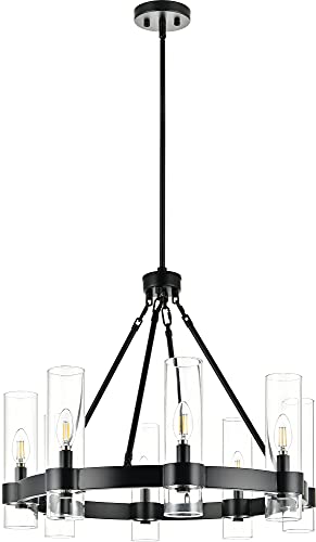 Linea di Liara Teramo Matte Black Chandelier Dining Room Light Fixture Small Wagon Wheel Chandelier Round Industrial Modern Farmhouse Chandeliers for Dining Room Foyer, Clear Glass, UL Listed