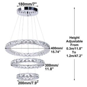 Dixun LED Chandeliers Modern Ceiling Light Fixture 3 Rings Adjustable Stainless Steel Pendant Light Chandelier for Bedrooms Living Room (Cool White)