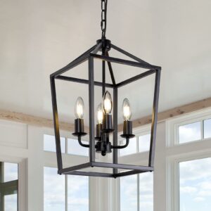 gzjunyo 4-light black farmhouse chandelier light fixture iron lantern pendant light metal cage kitchen hanging light fixtures for kitchen island, dining room, entryway, foyer, hallway