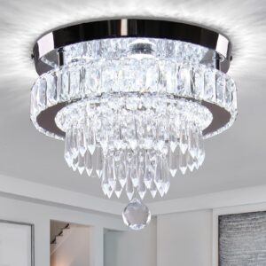 finktonglan 11.8" crystal chandeliers, modern crystal ceiling light led small chandeliers semi flush mount chandelier room light for bedrooms living room hallway (6500k white light)