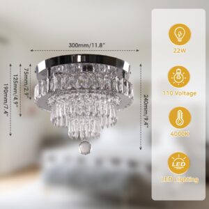 Finktonglan 11.8" Crystal Chandeliers, Modern Crystal Ceiling Light LED Small Chandeliers Semi Flush Mount Chandelier Room Light for Bedrooms Living Room Hallway (6500K White Light)