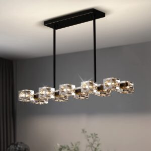 okes dining room light fixture,modern crystal chandeleirs semi flush mount ceiling light fixture,black metal crystal pendant light for kitchen island farmhouse dining room,living room (10-lights)…