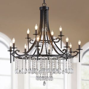 wuzups candle chandelier 12-light wagon wheel pendant ceiling light modern lighting fixture for bedroom hallway bar kitchen dinning living room bathroom, black, e12 base, 37" wide 42.4" high