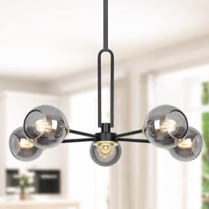 5-light globe chandelier pendant lighting - modern large semi-flush ceiling light fixture with smoked glass, black dining room light fixture, sputnik light fixture for kitchen living room bedroom