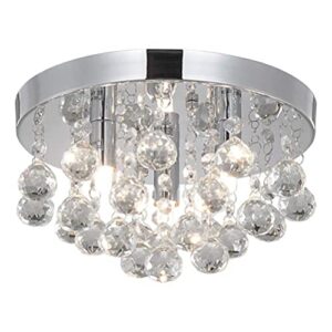 tislyco modern round crystal chandelier light,3 light crystal flush mount small chandelier, silver modern ceiling lamps raindrop chandelier crystal light fixture for bedroom, hallway