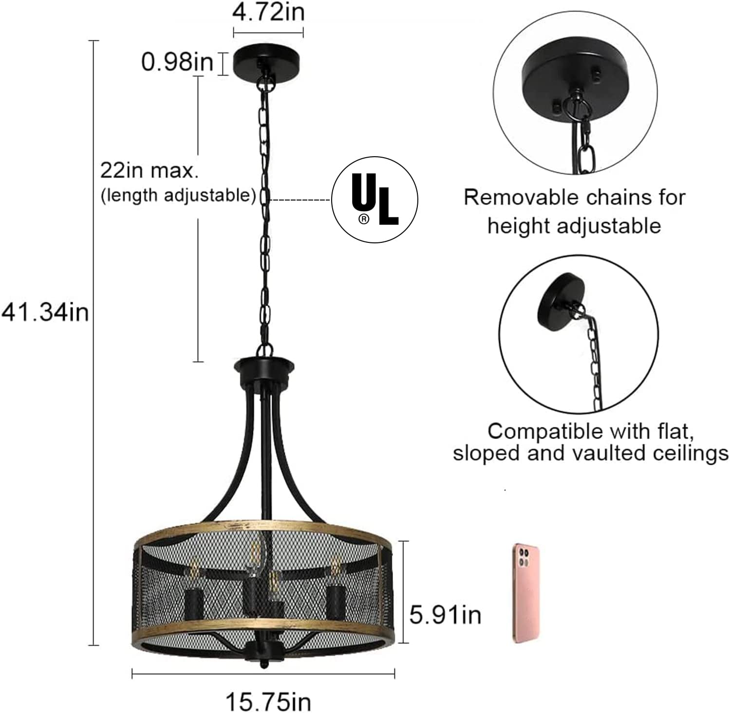 DLLT 4-Light Farmhouse Chandelier, 16" Industrial Pendant Lighting, Drum Hanging Light Fixture with Antique Gold and Matte Black Finished for Dining Room Kitchen Living Room, Height Adjustable