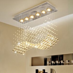 modern wave chandelier, rectangular crystal raindrop chandelier flush mount pendant lighting chrome ceiling light fixture for dining, living room, kitchen island, bedroom of crystop