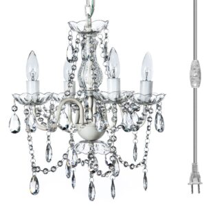 gypsy color the original brink house plug-in 4 light crystal white hanging chandelier h17.5”xw15”, white metal frame with clear glass stem and acrylic crystals