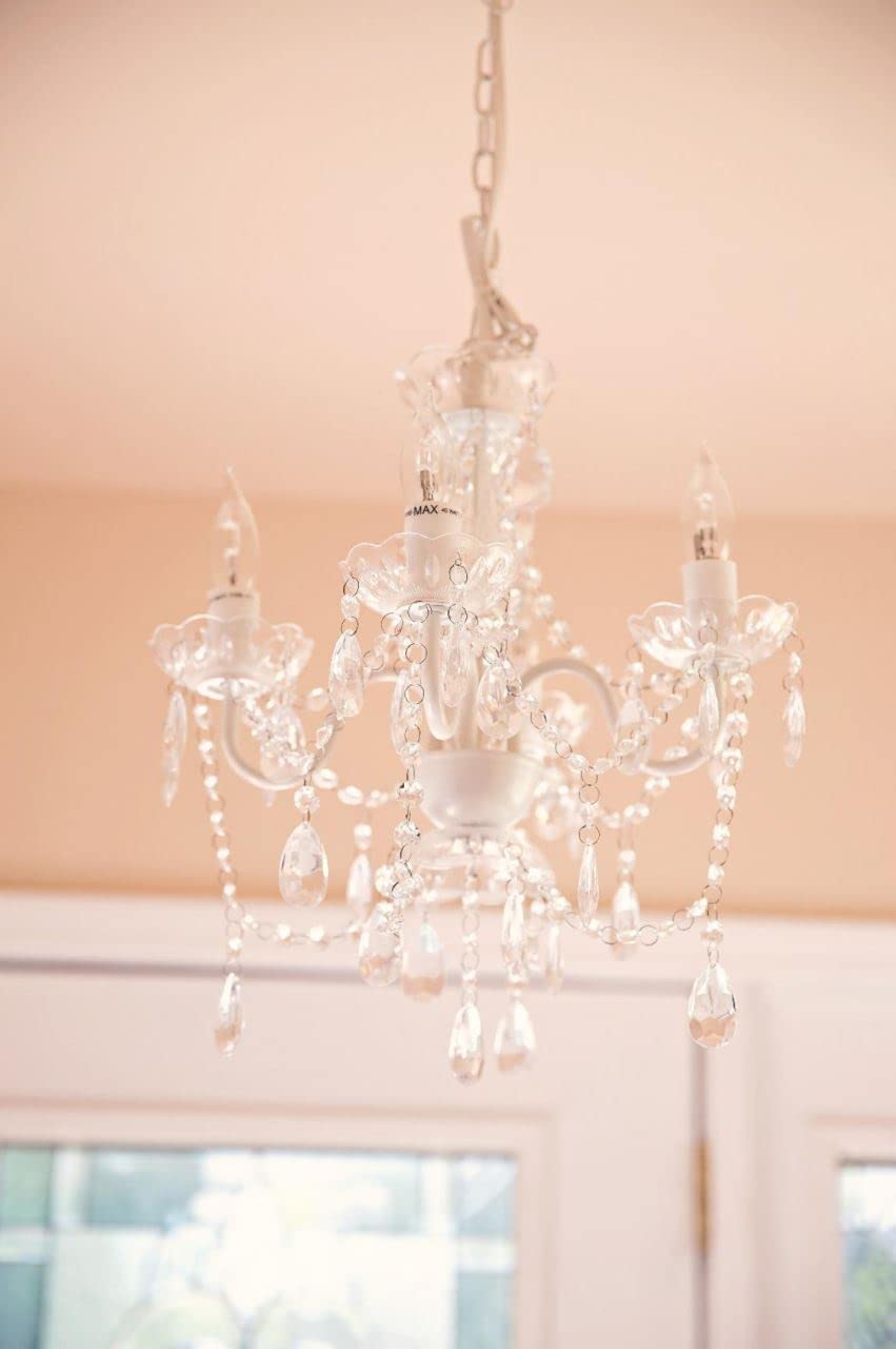 gypsy color The Original Brink House Plug-in 4 Light Crystal White Hanging Chandelier H17.5”xW15”, White Metal Frame with Clear Glass Stem and Acrylic Crystals