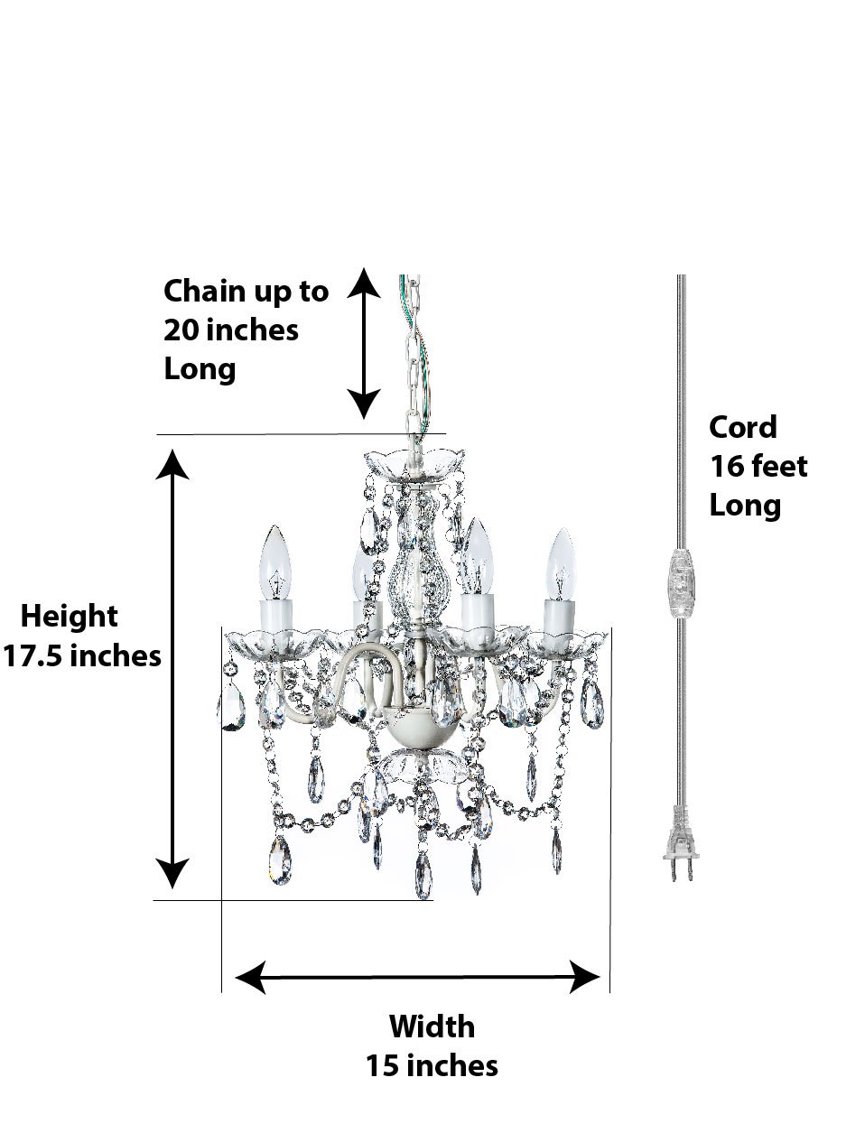 gypsy color The Original Brink House Plug-in 4 Light Crystal White Hanging Chandelier H17.5”xW15”, White Metal Frame with Clear Glass Stem and Acrylic Crystals