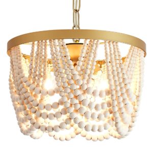 mzmhd boho wood beaded semi flush mount ceiling light fixture,3-light gold metal mini chandeliers,bohemia small chandelier for bedroom,nursery room,entryway,hallway,passway,dining room