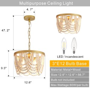 MZMHD Boho Wood Beaded Semi Flush Mount Ceiling Light Fixture,3-Light Gold Metal Mini Chandeliers,Bohemia Small Chandelier for Bedroom,Nursery Room,Entryway,Hallway,Passway,Dining Room