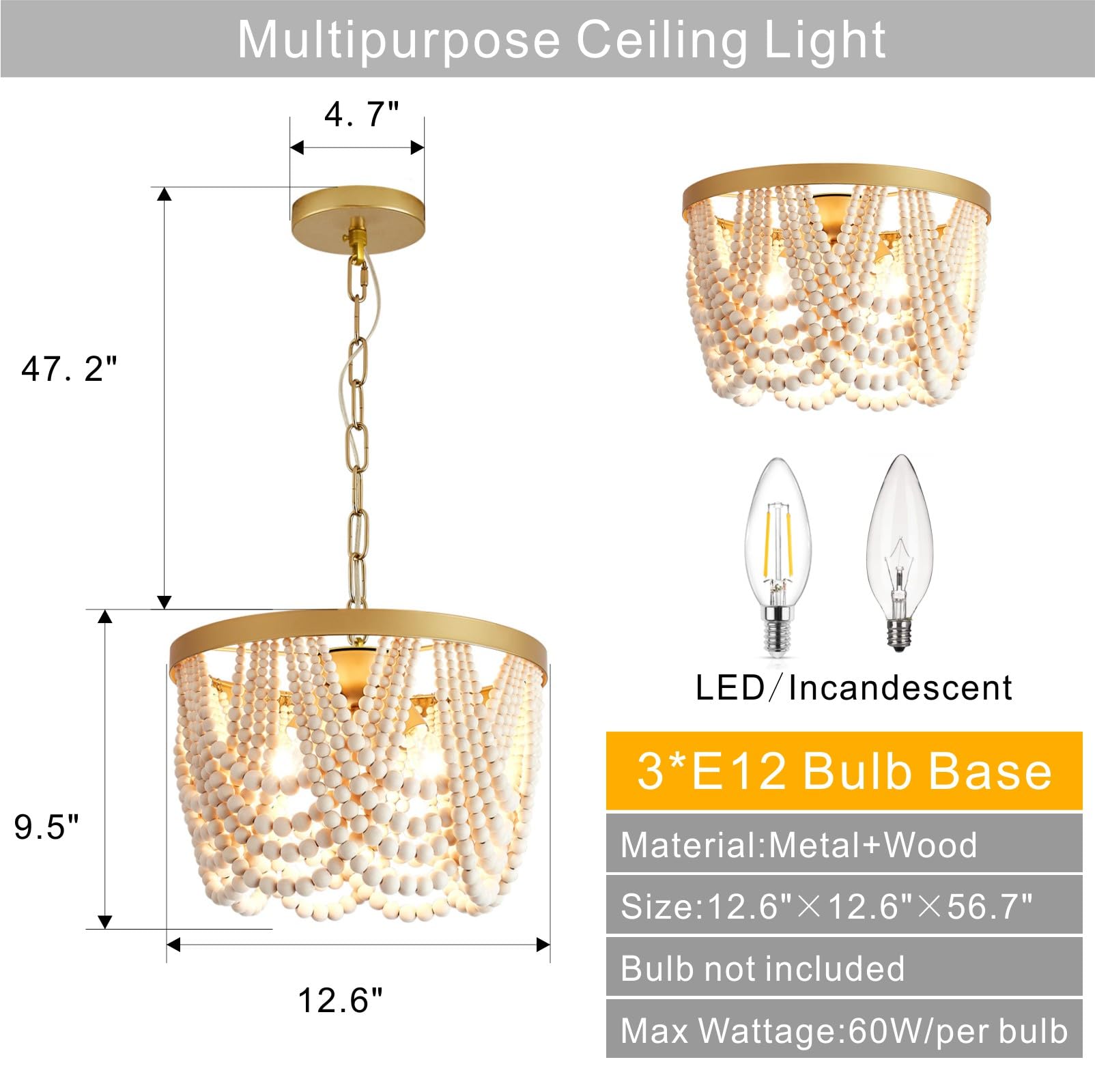 MZMHD Boho Wood Beaded Semi Flush Mount Ceiling Light Fixture,3-Light Gold Metal Mini Chandeliers,Bohemia Small Chandelier for Bedroom,Nursery Room,Entryway,Hallway,Passway,Dining Room