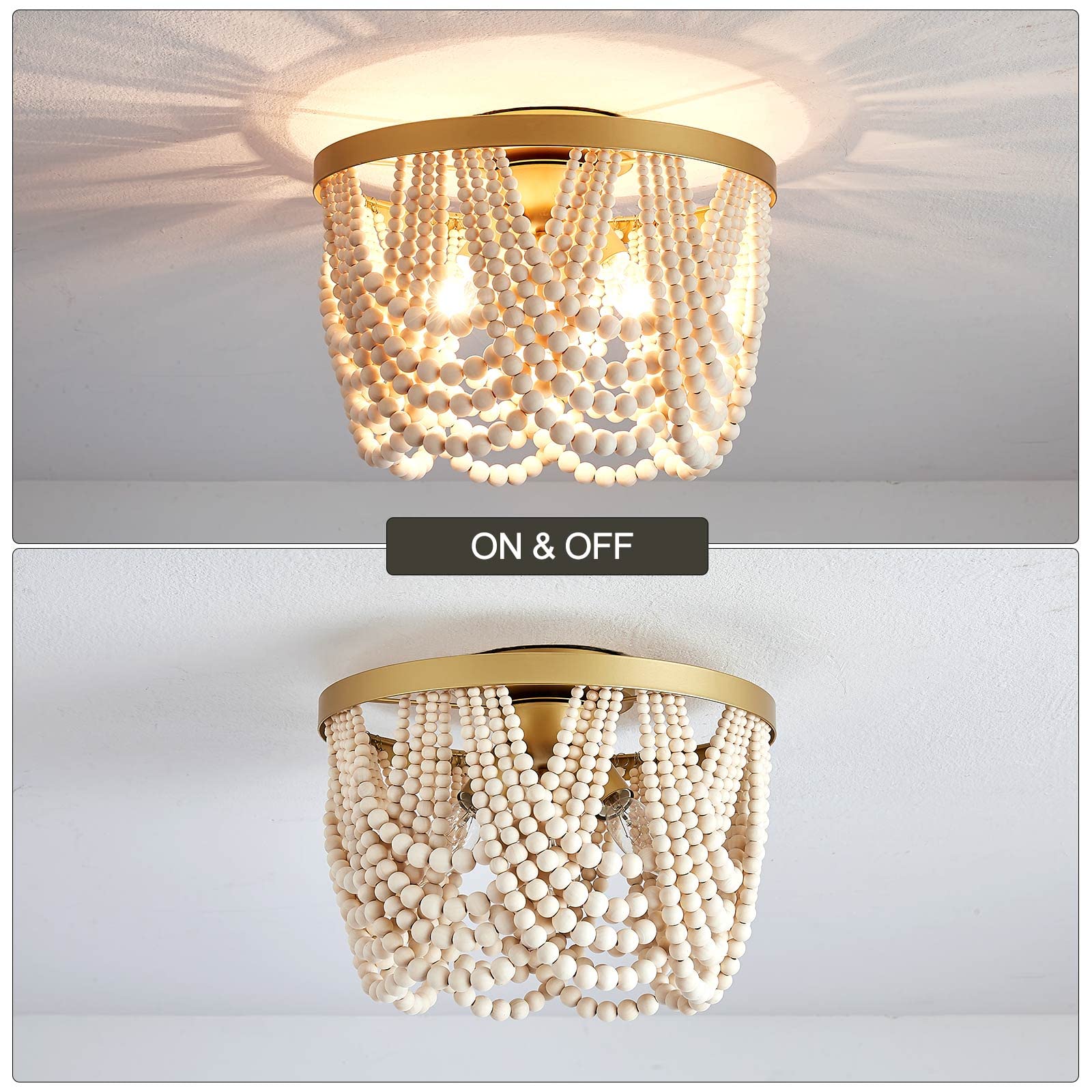 MZMHD Boho Wood Beaded Semi Flush Mount Ceiling Light Fixture,3-Light Gold Metal Mini Chandeliers,Bohemia Small Chandelier for Bedroom,Nursery Room,Entryway,Hallway,Passway,Dining Room