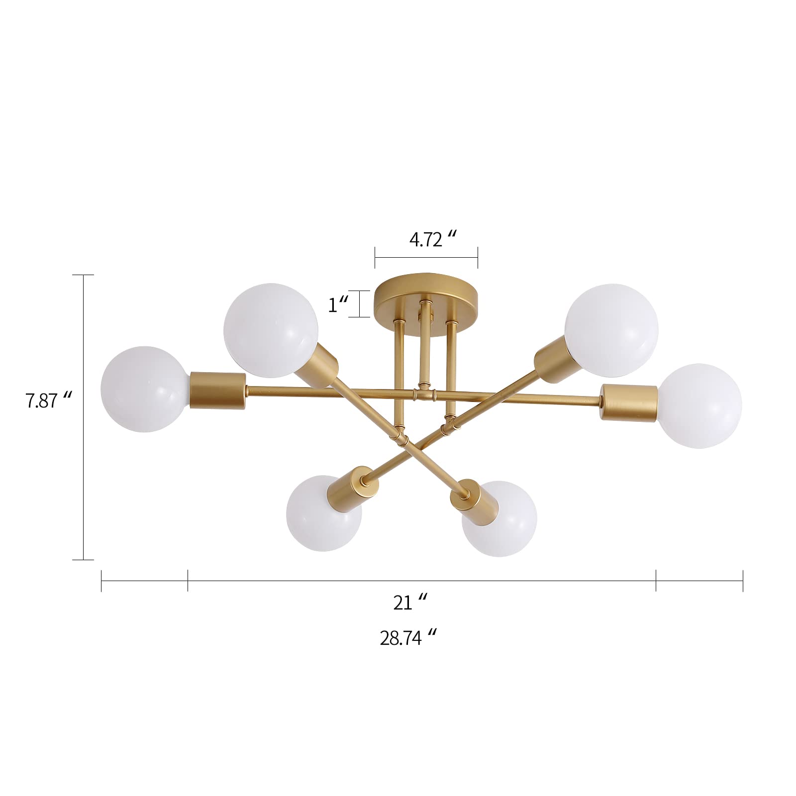 MEIXISUE Gold Modern Sputnik Chandelier Ceiling Light Fixtures,6-Lights Industrial Metal Semi Flush Mount Ceiling Light for Bedroom Dining Room Living Room Kitchen Hallway UL Listed